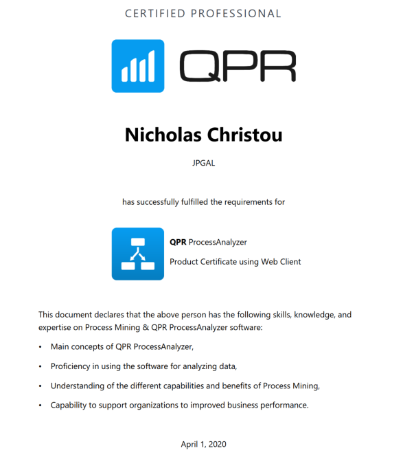 Nicholas Christou Gains Process Analyser Certification - JPGAL